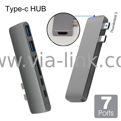 USB C Hub Adapter 7 in 1 Dual Type-C Docking Station Thunderbolt 3 Hub for 2016/2017 MacBook Pro with 100W PD charging