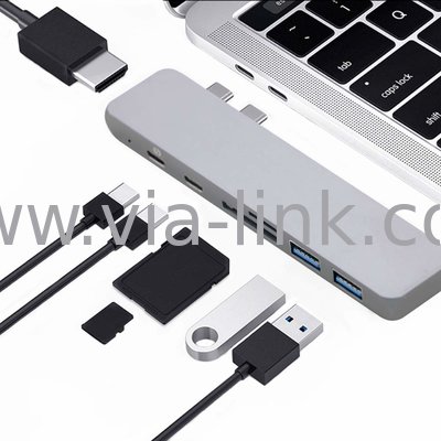 7 in 1 Dual USB to  Hub For MacBook Pro 2018 with video thunderbolt 3 card reader pd charging and USB 3.0 ports