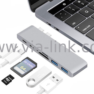 6 in 1 Aluminum Thunderbolt 3 Type-C Hub Adapter Dongle for 2016 MacBook Pro 13” & 15”. Compact, Fastest 50Gbs USB-C Hub
