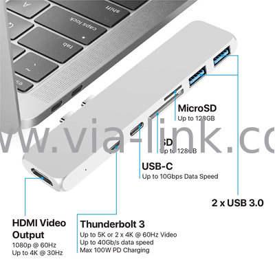 7-in-1 USB C Hub for 2016/2017/2018 MacBook Pro 13” and 15”,USB C Adapter with 40Gbs Thunderbolt 3,4k @30Hz