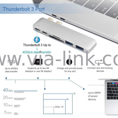 6 in 1 Type C Adapter with Thunderbolt 3 5K@60Hz,40Gbs Thunderbolt 3,PD Charging,SD/Micro Card Reader for Macbook Pro
