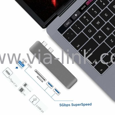 6 in 1 Multi-Port Dual Type C Adapter with USB-C Thunderbolt 3 PD and Data Transfer Port,2X USB 3.0 Ports,SD card reader