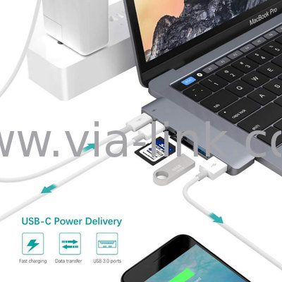 6 in 1 Multi-Port Dual Type C Adapter with USB-C Thunderbolt 3 PD and Data Transfer Port,2X USB 3.0 Ports,SD card reader