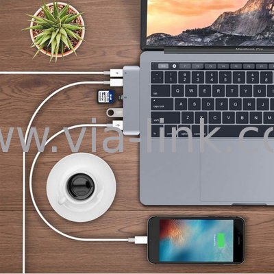 6 in 1 Multi-Port Dual Type C Adapter with USB-C Thunderbolt 3 PD and Data Transfer Port,2X USB 3.0 Ports,SD card reader