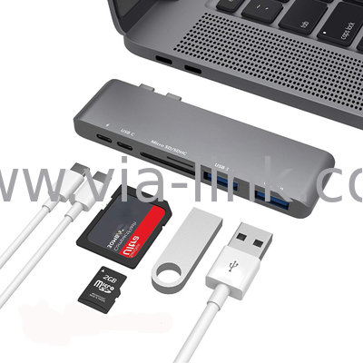 6 in 1 Multi-Port Dual Type C Adapter with USB-C Thunderbolt 3 PD and Data Transfer Port,2X USB 3.0 Ports,SD card reader