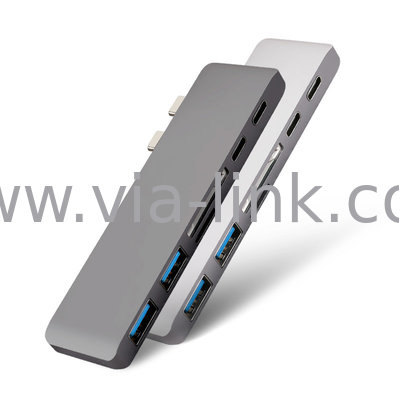 6 in 1 Multi-Port Dual Type C Adapter with USB-C Thunderbolt 3 PD and Data Transfer Port,2X USB 3.0 Ports,SD card reader