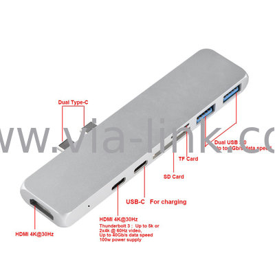 2018 Aluminum Thunderbolt 3 USB-C Hub USB Driver 7 Ports Dual Type C Hub 4K Type C Docking for MacBook Pro 13''15'