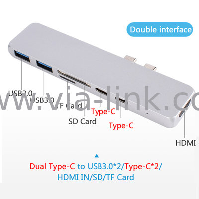2018 Aluminum Thunderbolt 3 USB-C Hub USB Driver 7 Ports Dual Type C Hub 4K Type C Docking for MacBook Pro 13''15'