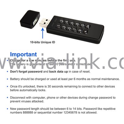 USB Encrypted Flash Drive Password Key 32GB Aluminum with Keypad Portable 256-bit AES XTS Hardware for Business