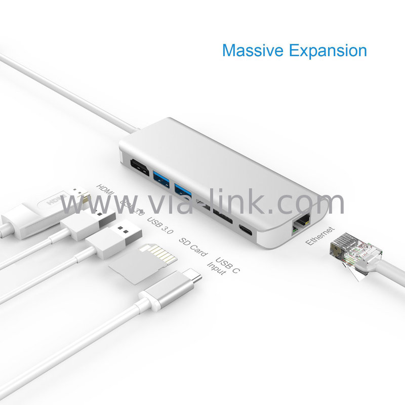USB C Hub 6 in 1 Aluminum Multiport Adapter With USB-C Charging Port 3 USB 3.0 ports 4K  output for Macbook Pro
