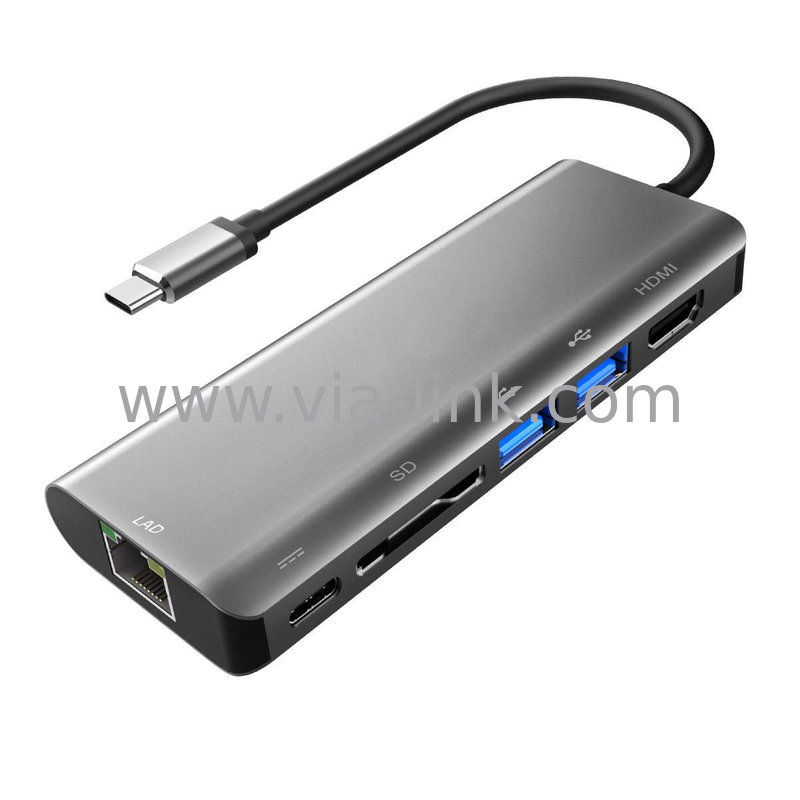 Aluminum Type C Adapter with  Port Gigabit Ethernet Port USBC Power Delivery 2 USB 3.0 Ports SD Card Reader for mac