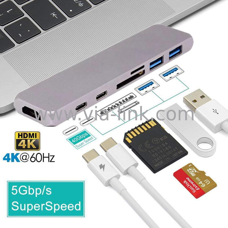 7-in-1 USB C Hub for 2016/2017 MacBook Pro 13” and 15”, Aluminum USB C Adapter with 40Gbs Thunderbolt 3,100W PD charging