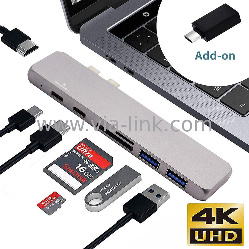 USB C Hub for New MacBook Pro 2016, 2017, 2018, 13" & 15" only, Thunderbolt 3 Aluminum Dual USB Type C 2-port USB C 3.0