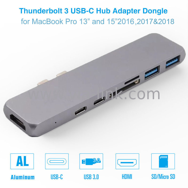 Thunderbolt 3 dual usb-c hub with SD Card reader for 2016 / 2017 / 2018MacBook Pro USB-C adapter