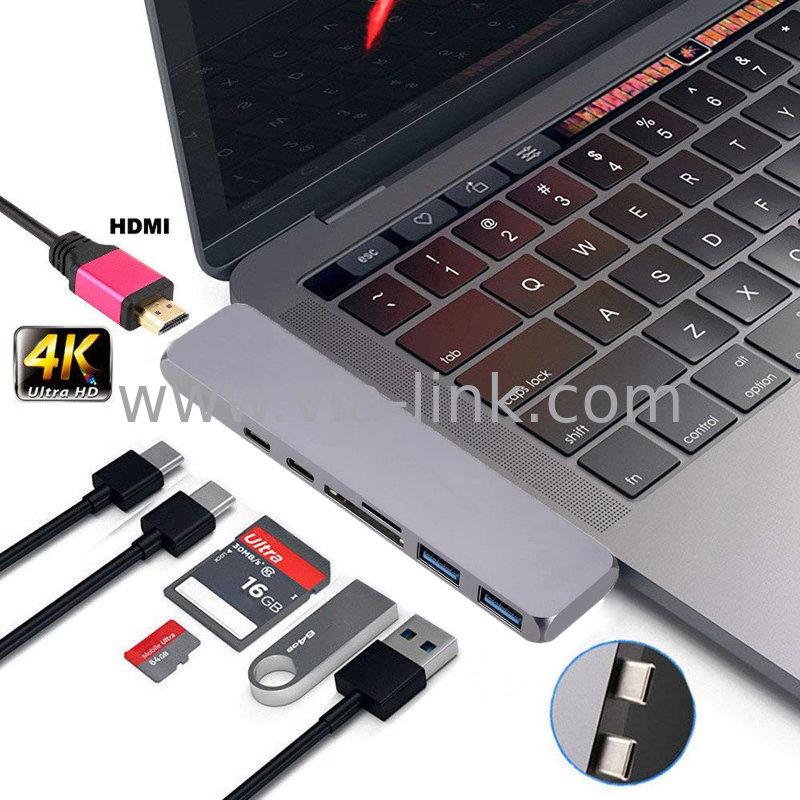 Amazon 2018 Aluminum Thunderbolt 3 USB-C Hub USB Driver 7 Ports Dual Type C Hub 4K Type C 100W PD charging