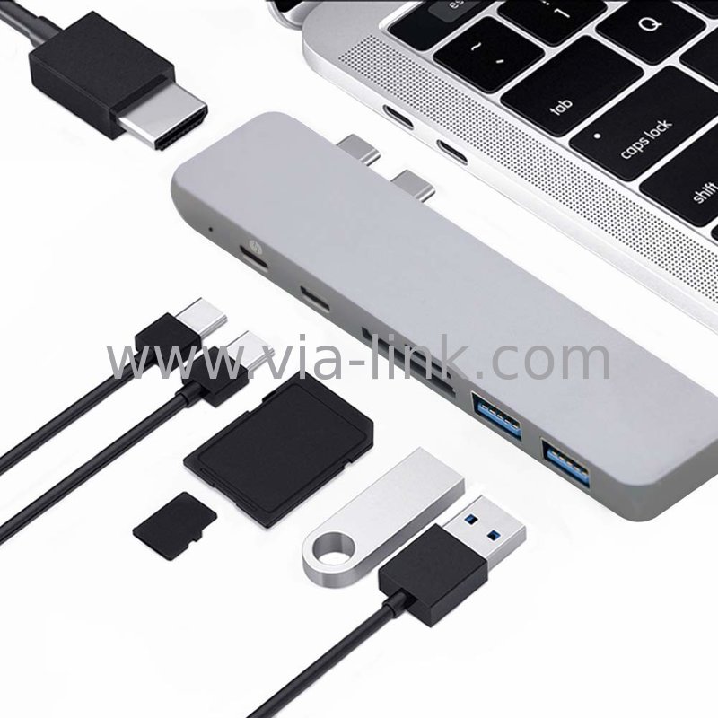 7 in 1 Dual USB to  Hub For MacBook Pro 2018 with video thunderbolt 3 card reader pd charging and USB 3.0 ports