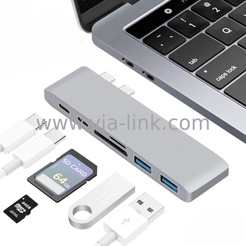 6 in 1 Aluminum Thunderbolt 3 Type-C Hub Adapter Dongle for 2016 MacBook Pro 13” & 15”. Compact, Fastest 50Gbs USB-C Hub