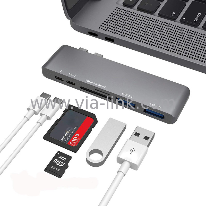 6 in 1 Multi-Port Dual Type C Adapter with USB-C Thunderbolt 3 PD and Data Transfer Port,2X USB 3.0 Ports,SD card reader