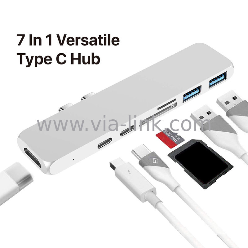 USB C Hub 7 in 1 Adapter Dual Type C Docking Station to 40Gbps Thunderbolt 3,Dual USB 3.0 4K 30Hz  SD&TF Card reader