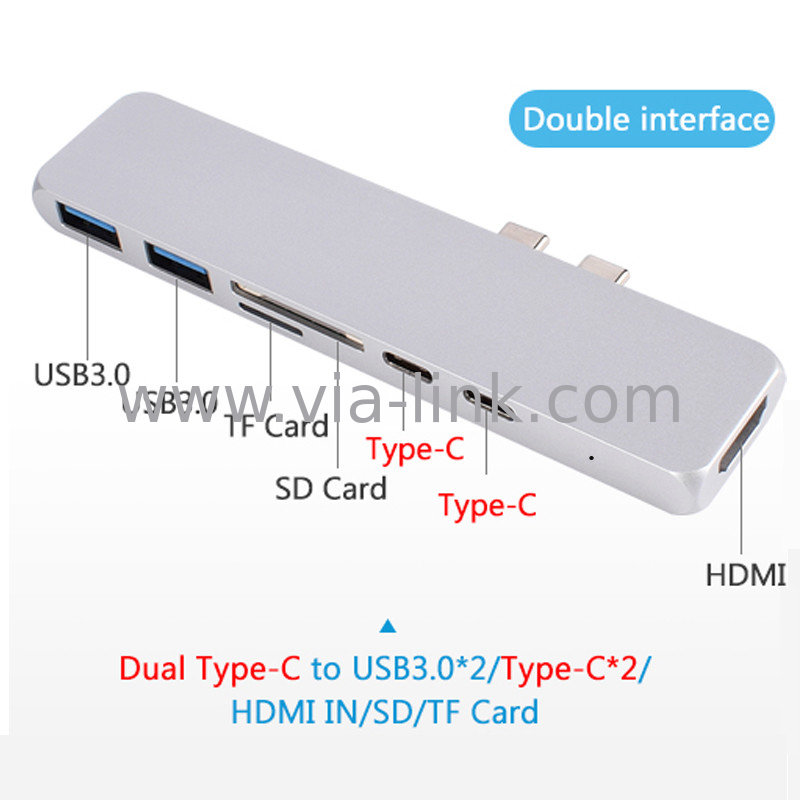 7 in 1 Dual Type-C Docking Station Hub M-Book USB-C,4K HD-MI,2xUSB3.0,SD and Micro-SD Card Reader