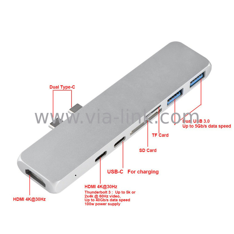 2018 Aluminum Thunderbolt 3 USB-C Hub USB Driver 7 Ports Dual Type C Hub 4K Type C Docking for MacBook Pro 13''15'