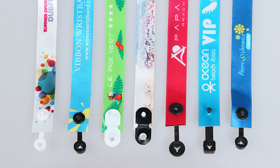 Custom one side printing logo fabric polyester satin bracelet with plastic closure