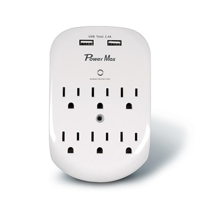 White Surge Protector 6 Outlet Power Strip With 2 USB Charging 490 Joules