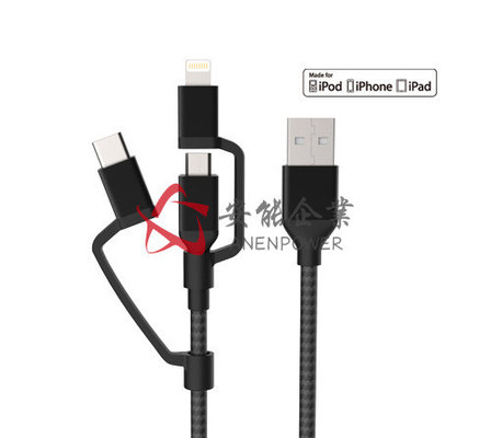 USB To Micro USB Type - C Lightning 3 In 1 Cable , Charging Data Sync Cable MFI Certified