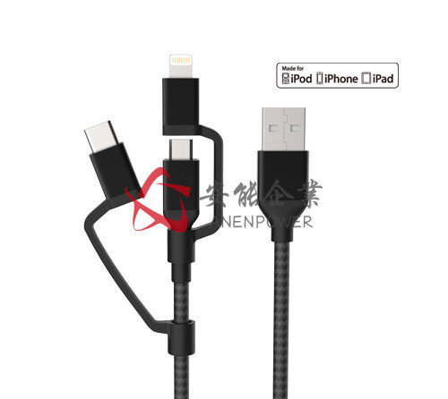 USB To Micro USB Type - C Lightning 3 In 1 Cable , Charging Data Sync Cable MFI Certified