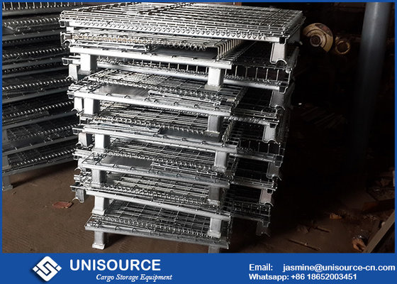 Zinc Coated Collapsible Pallet Cages , Stackable Metal Wire Cage With Wheels