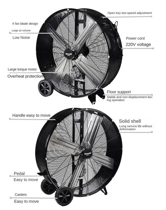 Handpushed industrial electric fan, safe and durable. Provincial tram room, basketball court, gym, cooling fan factory