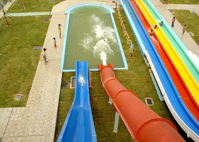 Orange Blue Outdoor Fiberglass Swimming Pool Water Slides 5M / 7M Height