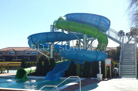 Green Blue Fiberglass Water Slides Spiral 12m Platform For Adults