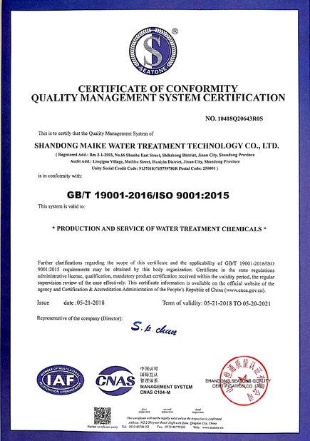 중국 Shandong Mike Water Treatment Technology Co., Ltd. 인증