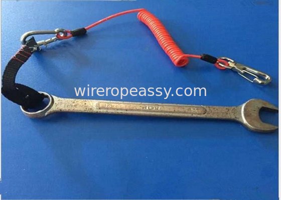 Red PU Coiled Spring Retractable Tool Lanyard Cable Snap Hooks