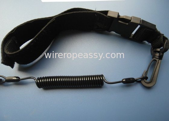3.0mm PU Black Coil Spring Lanyard with  And buckels for Fishing