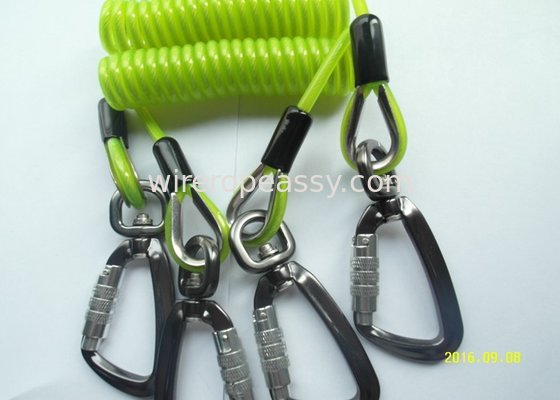 Green PU Coated Safety Tool Lanyards Retractable With Double Swivel Carabiner
