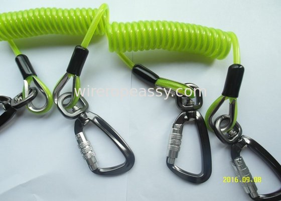 Green PU Coated Safety Tool Lanyards Retractable With Double Swivel Carabiner