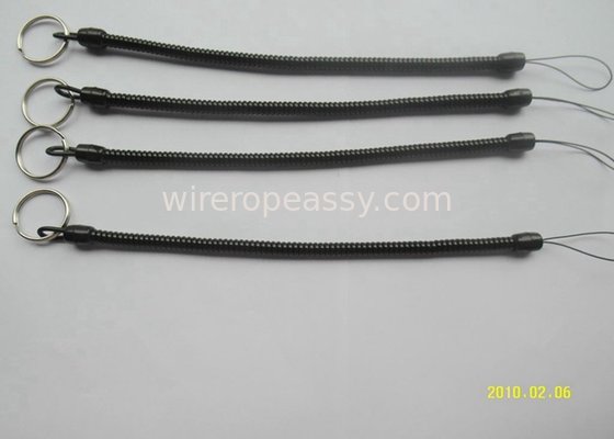 2.0mm Black PU Plastic Coil Tool Retractable Safety Lanyard With Keyring / String
