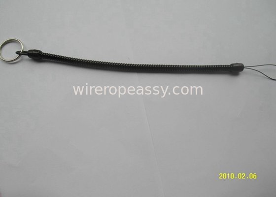 2.0mm Black PU Plastic Coil Tool Retractable Safety Lanyard With Keyring / String