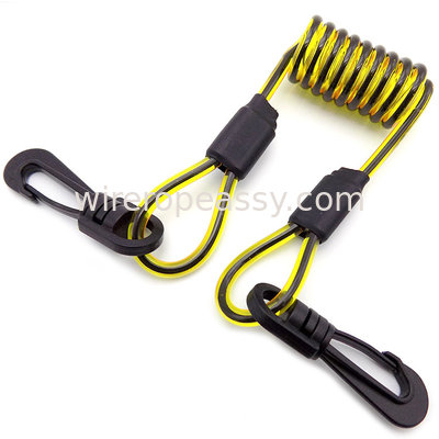 Yellow Clear PVC Coated Black PU Coil Plastic Tool lanyard With Plastic Swivel Snap Hook