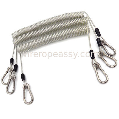 Safety 1.0mm Steel Wire Coated Transparent PU Coil Style Tool Lanyard with Carabiner Snap Hook
