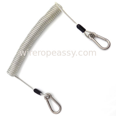Safety 1.0mm Steel Wire Coated Transparent PU Coil Style Tool Lanyard with Carabiner Snap Hook