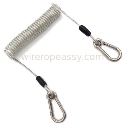 Safety 1.0mm Steel Wire Coated Transparent PU Coil Style Tool Lanyard with Carabiner Snap Hook