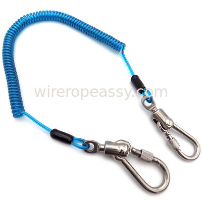 3.2mm Steel Wire Coated Transparent Blue PU Safety Tool Lanyards with Carabiner Hook