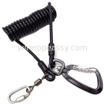 High Tention 5.0mm Black Coil Tool Lanyard With Swivel Carabiner And Key Ring