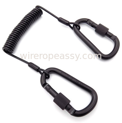 High Tention 5.0mm Black Coil Tool Lanyard With Swivel Carabiner And Key Ring