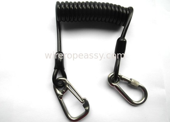 Black Spring Steel Wire Safety Tool Lanyards With Locking Carabiners
