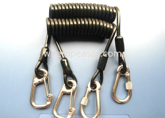 Black Spring Steel Wire Safety Tool Lanyards With Locking Carabiners