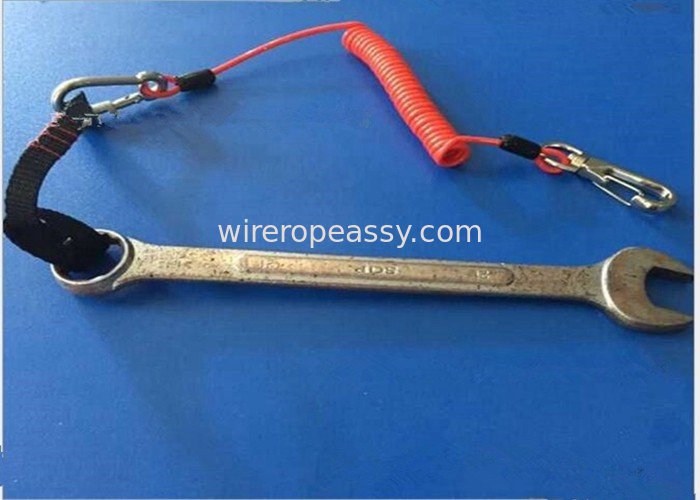 Red PU Coiled Spring Retractable Tool Lanyard Cable Snap Hooks
